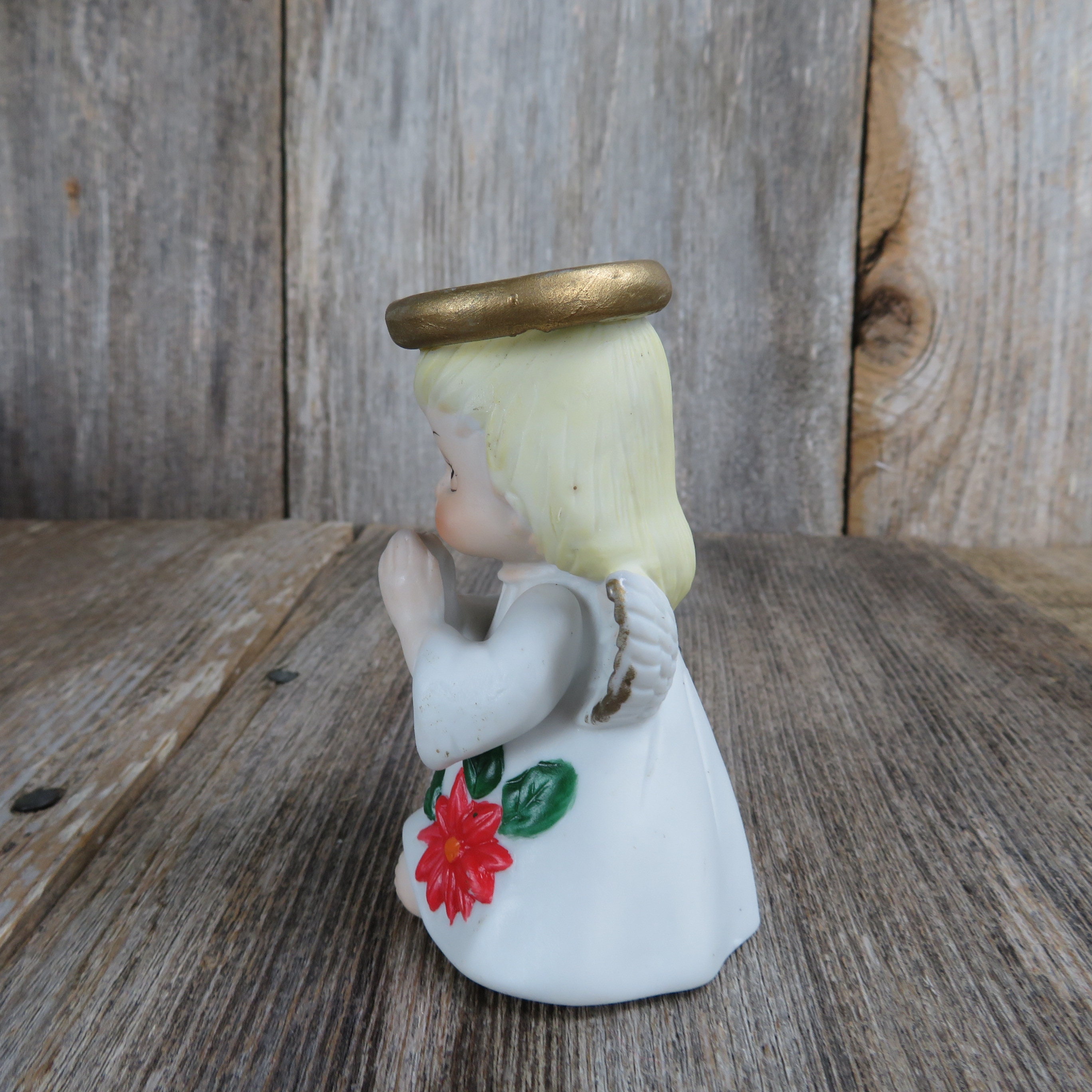 Vintage Christmas Angel Bell Figurine Poinsettia Praying Hands Eyes ...