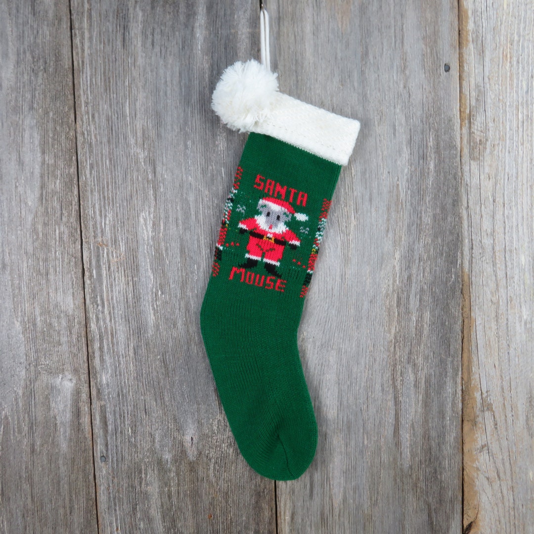 Vintage Knit Santa Mouse Stocking Green Red Christmas White Trim Pom ...