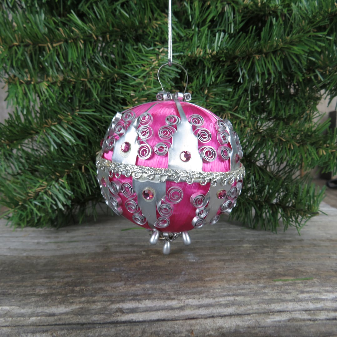 Vintage Pink Satin Ball With Quilled Metal Ornament Christmas Curled ...
