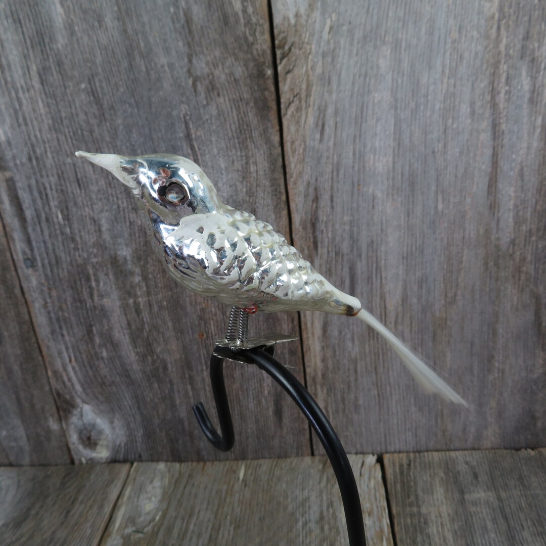 Vintage Mercury Glass Bird Clip Ornament Silver Painted White Tail ...