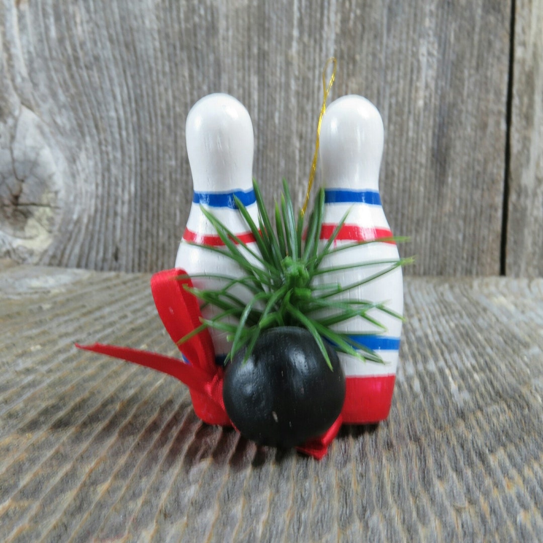 Vintage Bowling Ball and Pins Wood Ornament With Red Bow Bowler Bowling ...