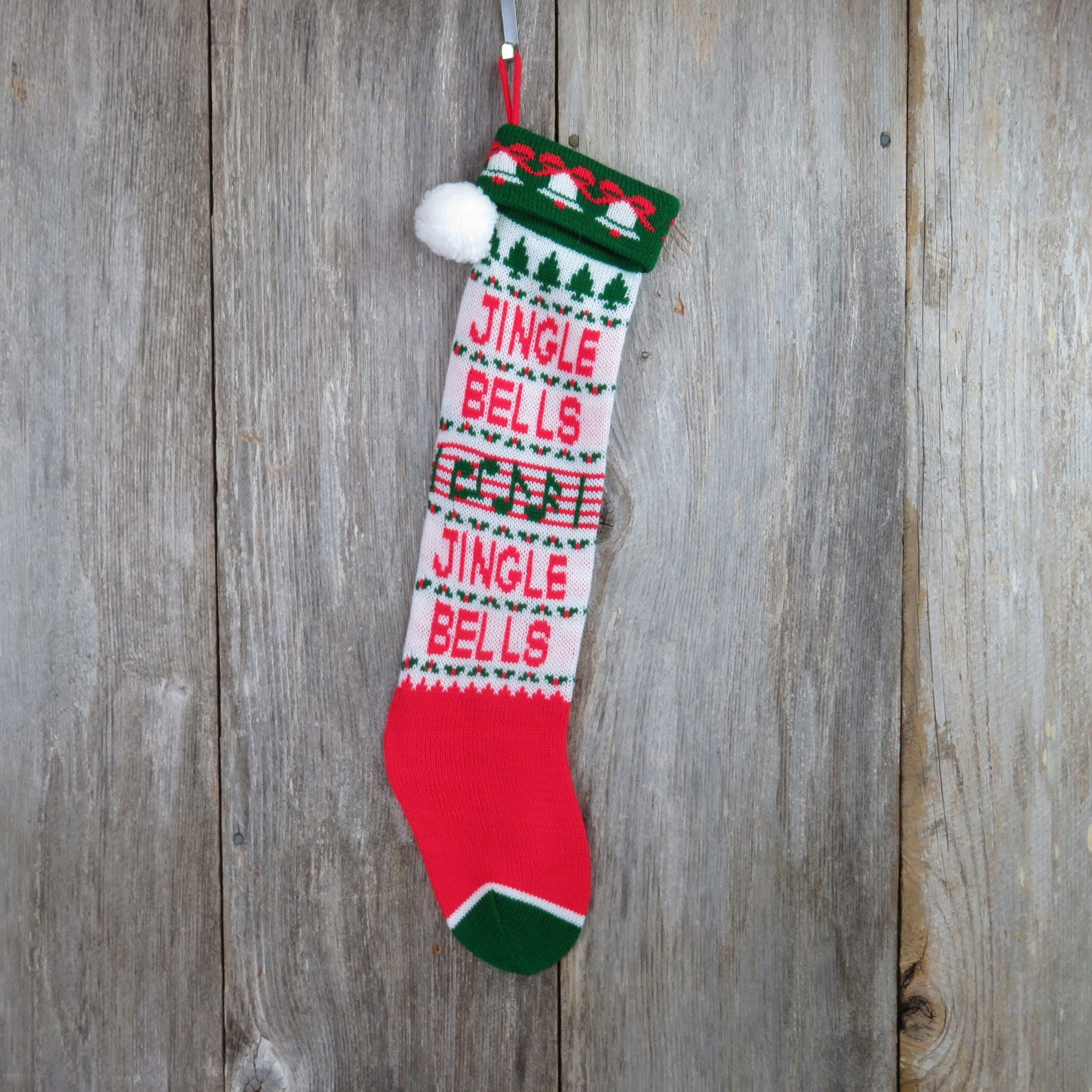 Vintage Jingle Bells Knit Stocking Christmas Music Notes Red Green ...