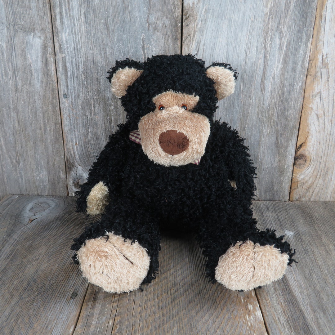 Black Curly Haired Teddy Bear Plush Brown Face Ears and Paws Checkered ...