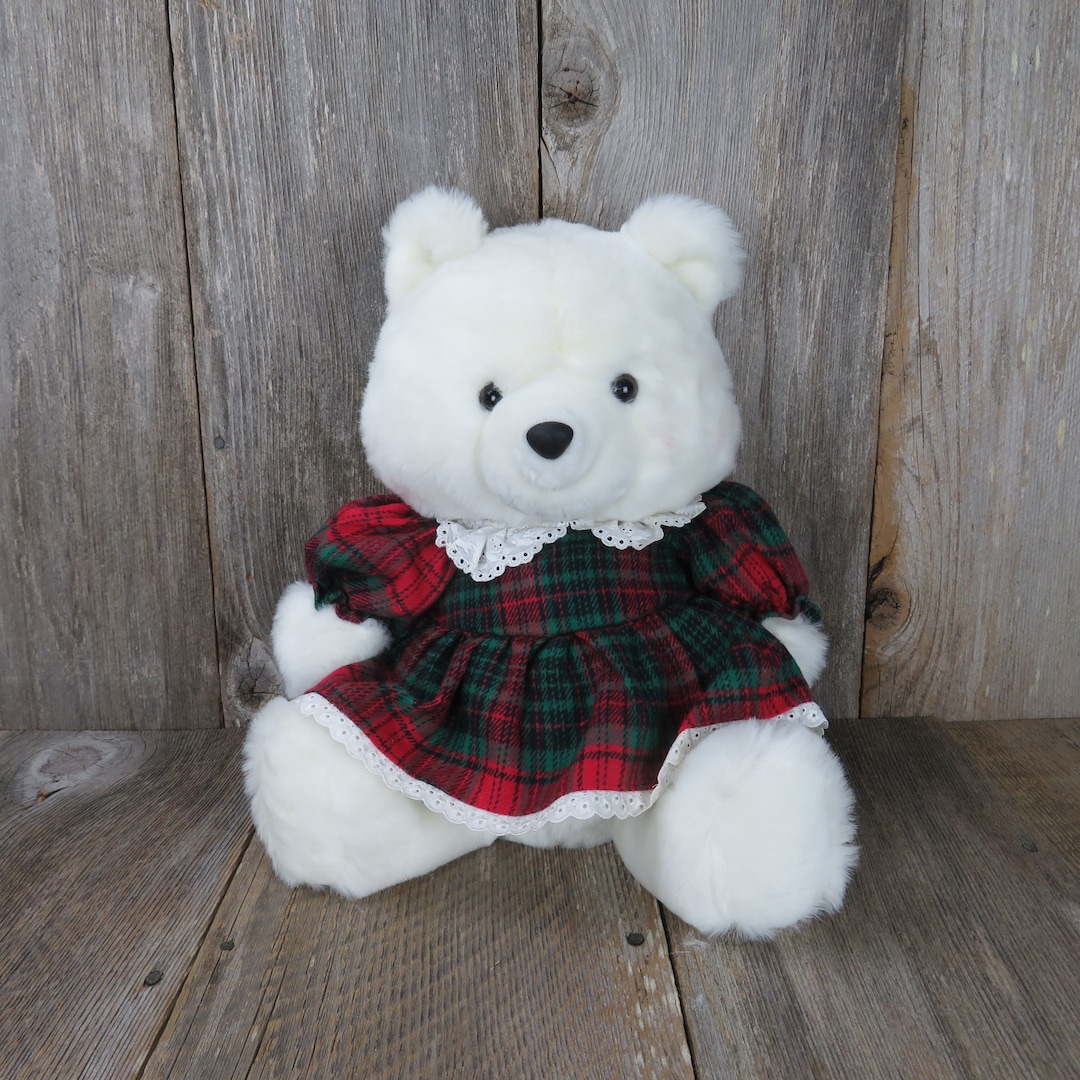 Vintage Jingle Bear Plush: White Teddy Bear in Plaid Dress - Etsy