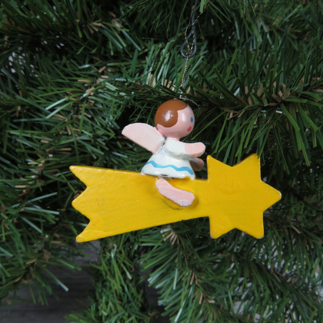 Vintage Angel on Shooting Star Wood Ornament Yellow Wooden Christmas - Etsy