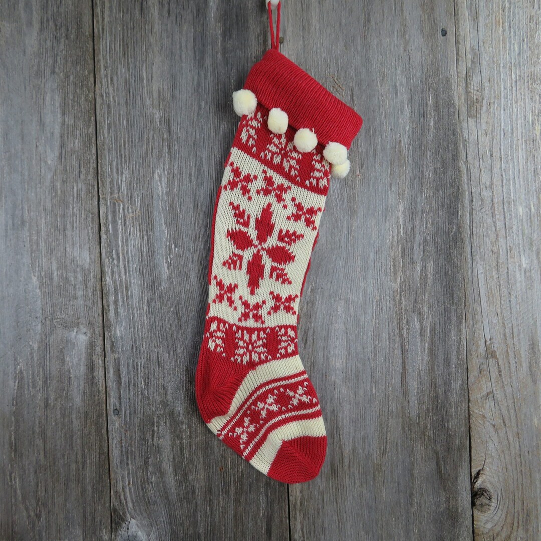 Vintage Christmas Stocking Knitted Knit Snowflakes Large Red With White ...