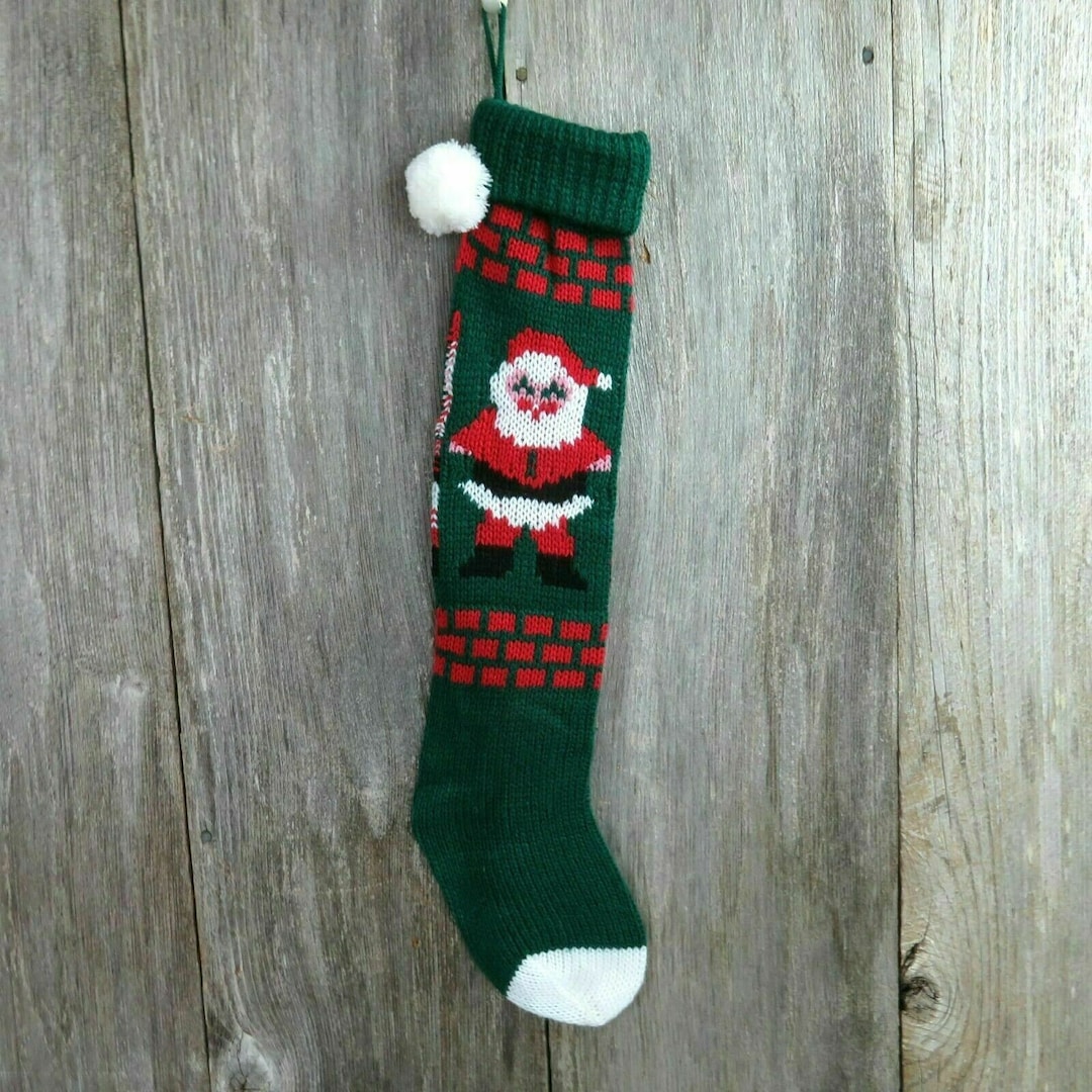 Vintage Santa Claus Stocking Knitted Knit Green Red White Christmas Pom ...