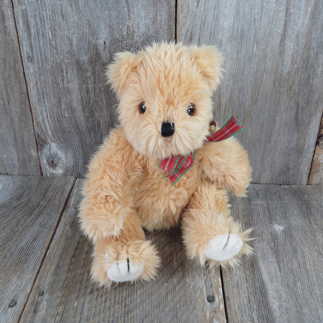 Vintage Jointed Teddy Bear Plush Ty Stuffed Animal Red Plaid Bow Shaggy ...