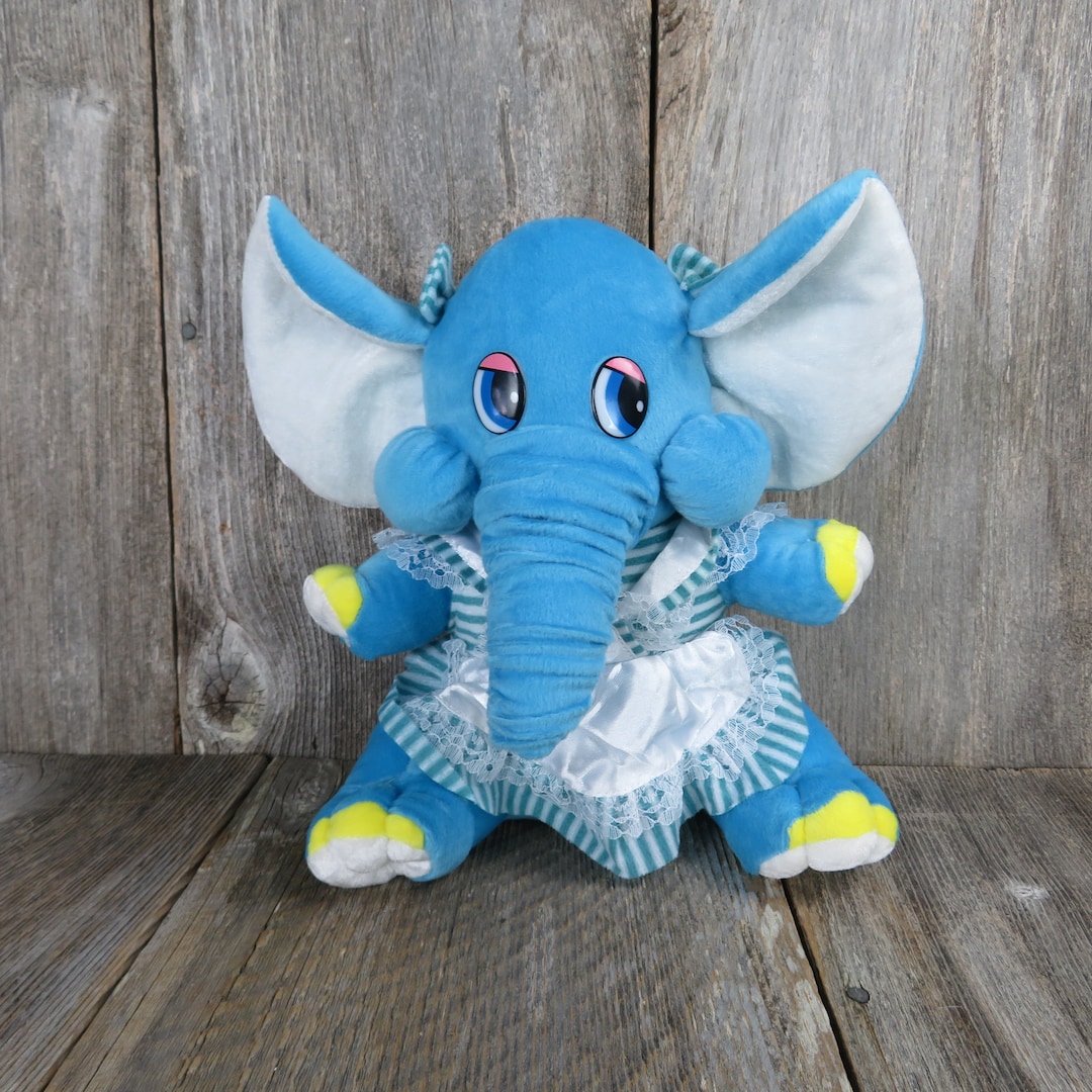 Blue Elephant Stuffed Animal Plastic Eyes and Dress Plush King Plush ...