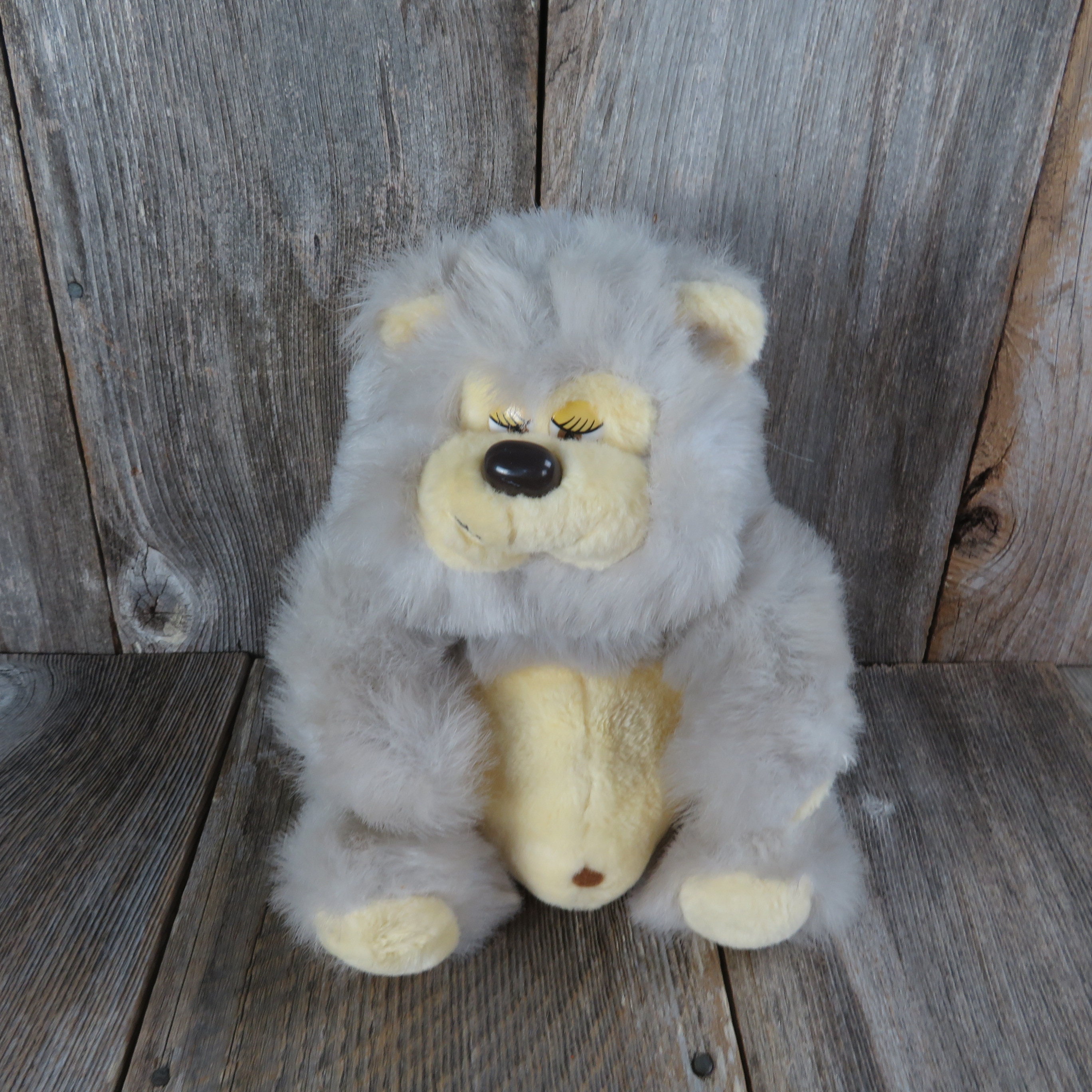Vintage Grey Teddy Bear Plush Cream Face Belly Button Gray Happy Mates ...
