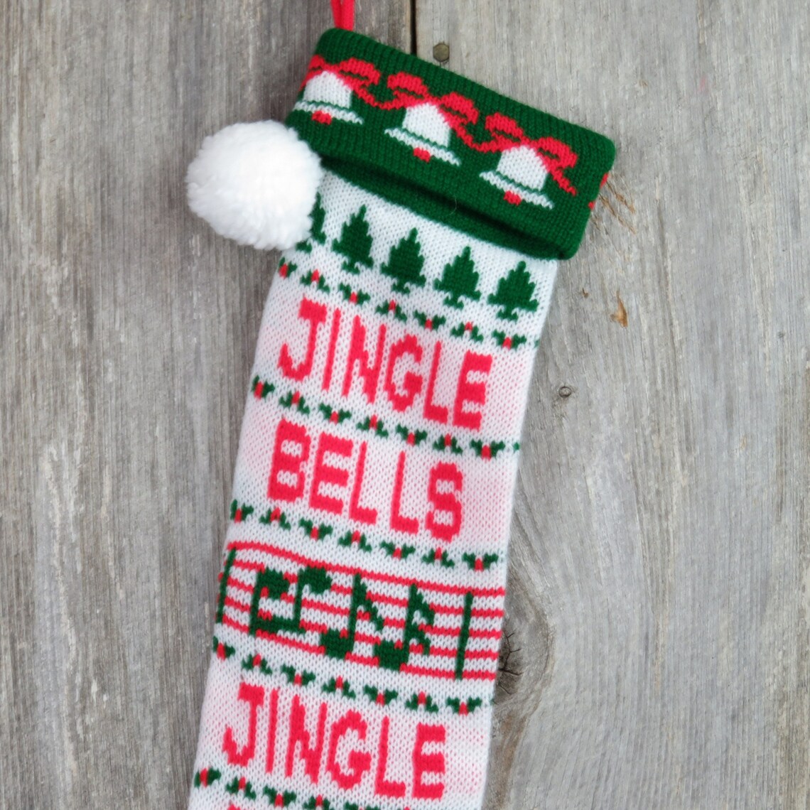 Vintage Jingle Bells Knit Stocking Christmas Music Notes Red Green ...