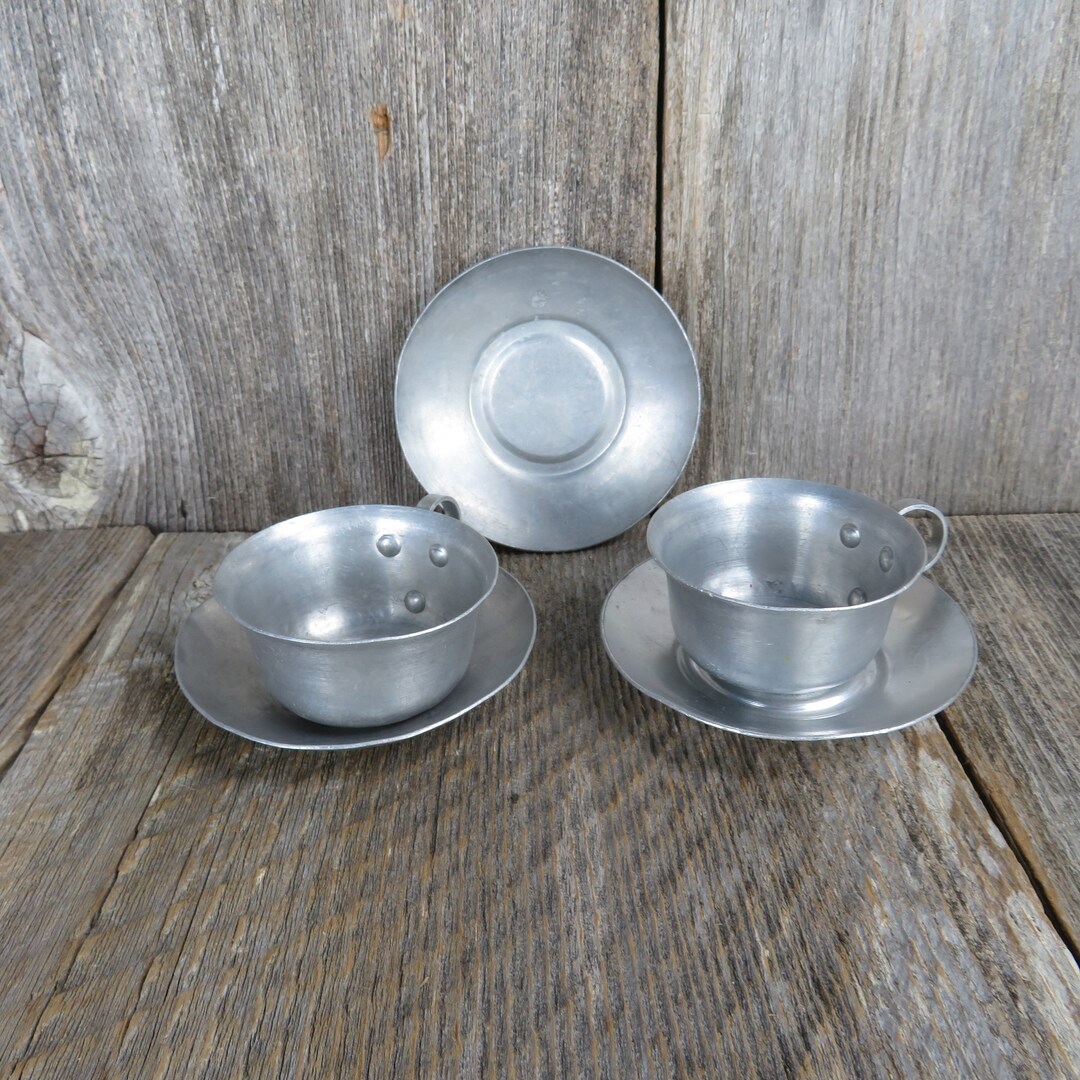 Vintage Tin Tea Cup and Saucer Set Silver Toy Tea Set Creative Play ...