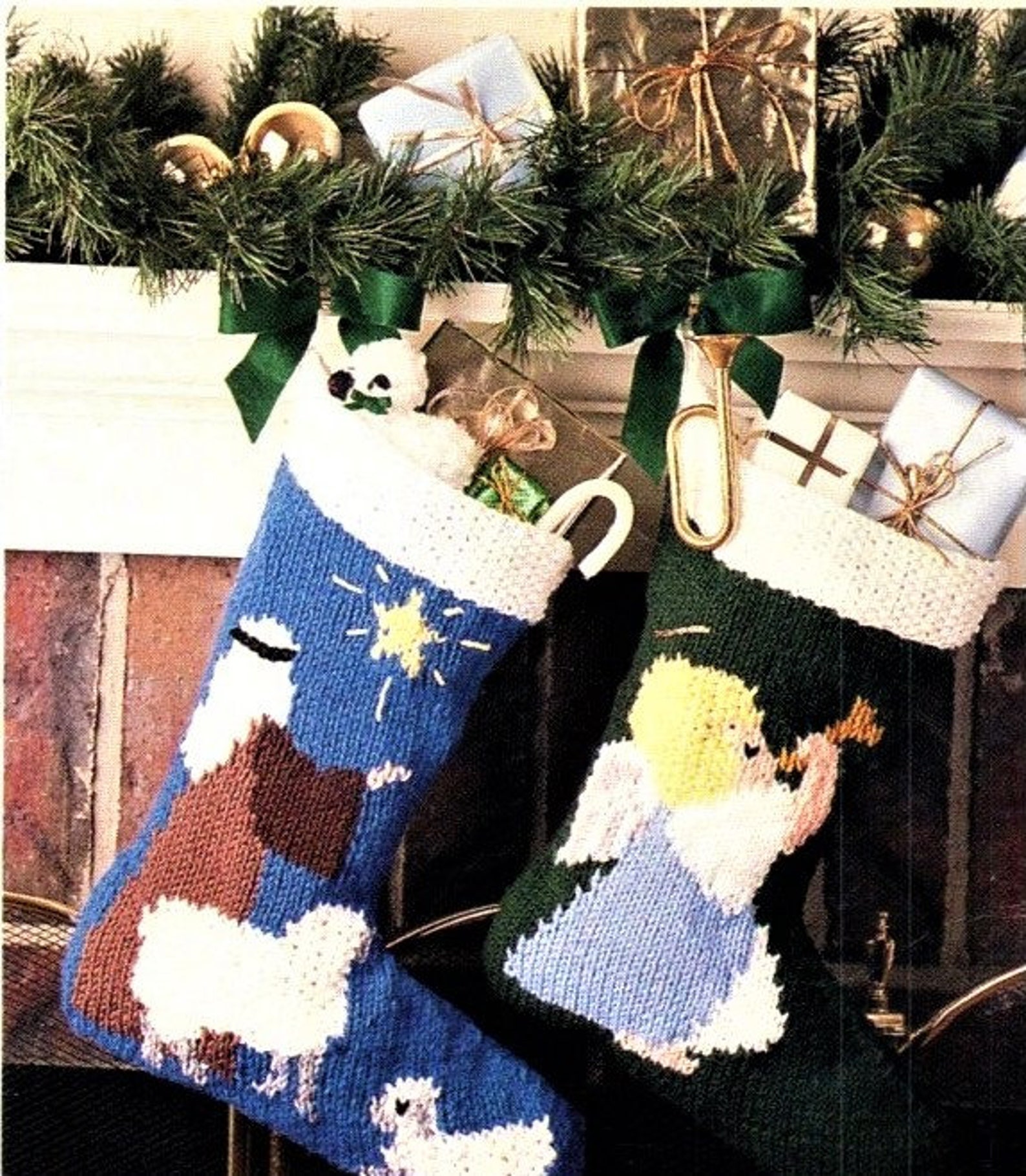 Vintage Knit Christmas Stocking Pattern Santa Claus Teddy Bear Angel ...