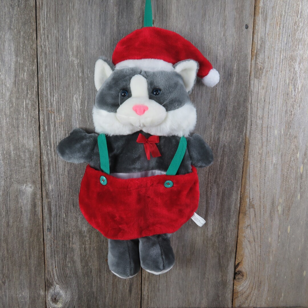Vintage Cat Stocking Grey Kitty Santa Hat Bib Overalls Velvet Flocked ...