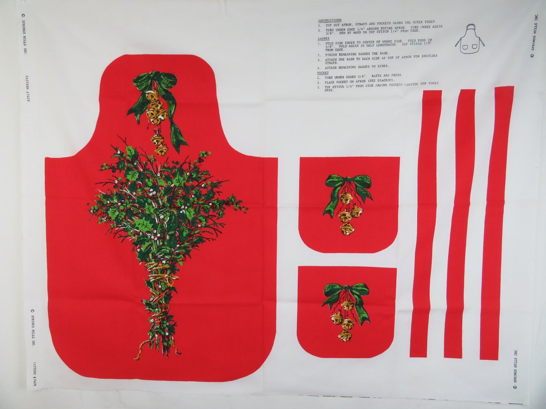 Vintage Apron Fabric Panel Spring Mills Cut Sew Christmas DIY Red Holly ...