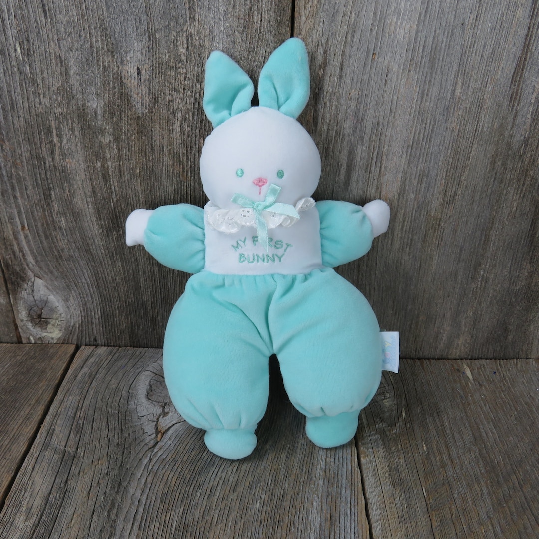 My First Bunny Plush Rattle Green White Velour Rabbit Baby Connection ...