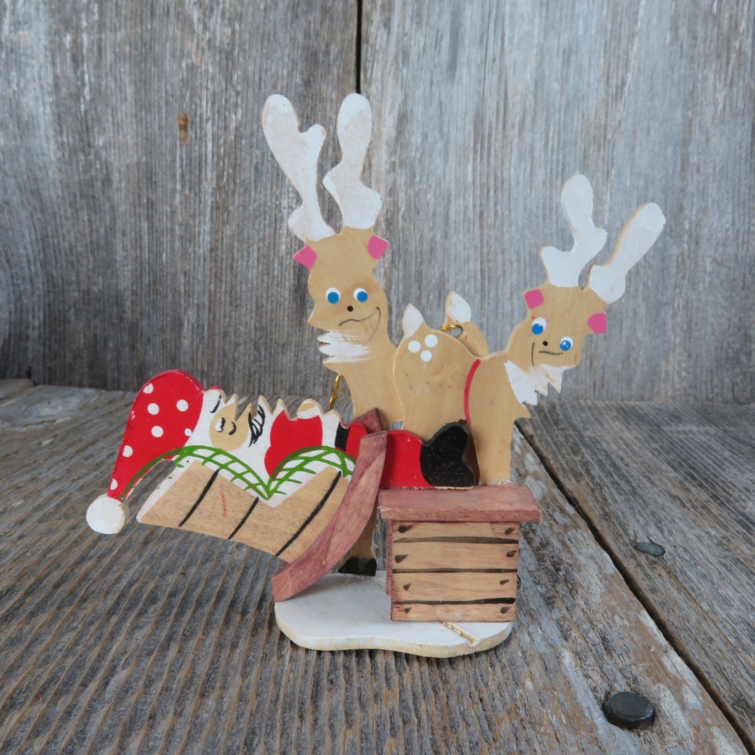 Vintage Wood Santa in Rocking Chair Ornament Reindeer Sleeping Wooden ...