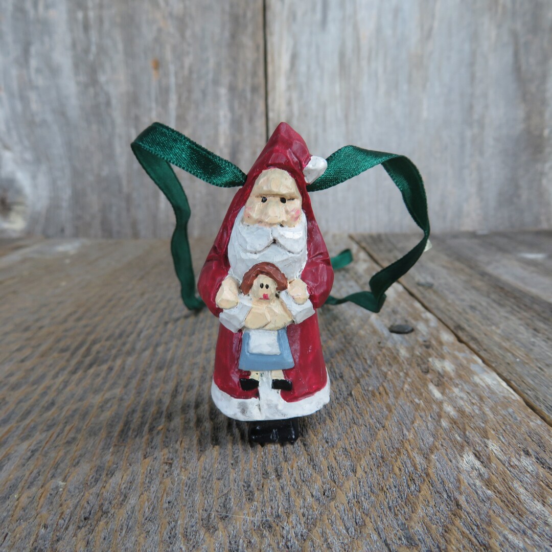 Vintage Santa With Doll Ornament Necklace Wood Look Ransom Christmas ...