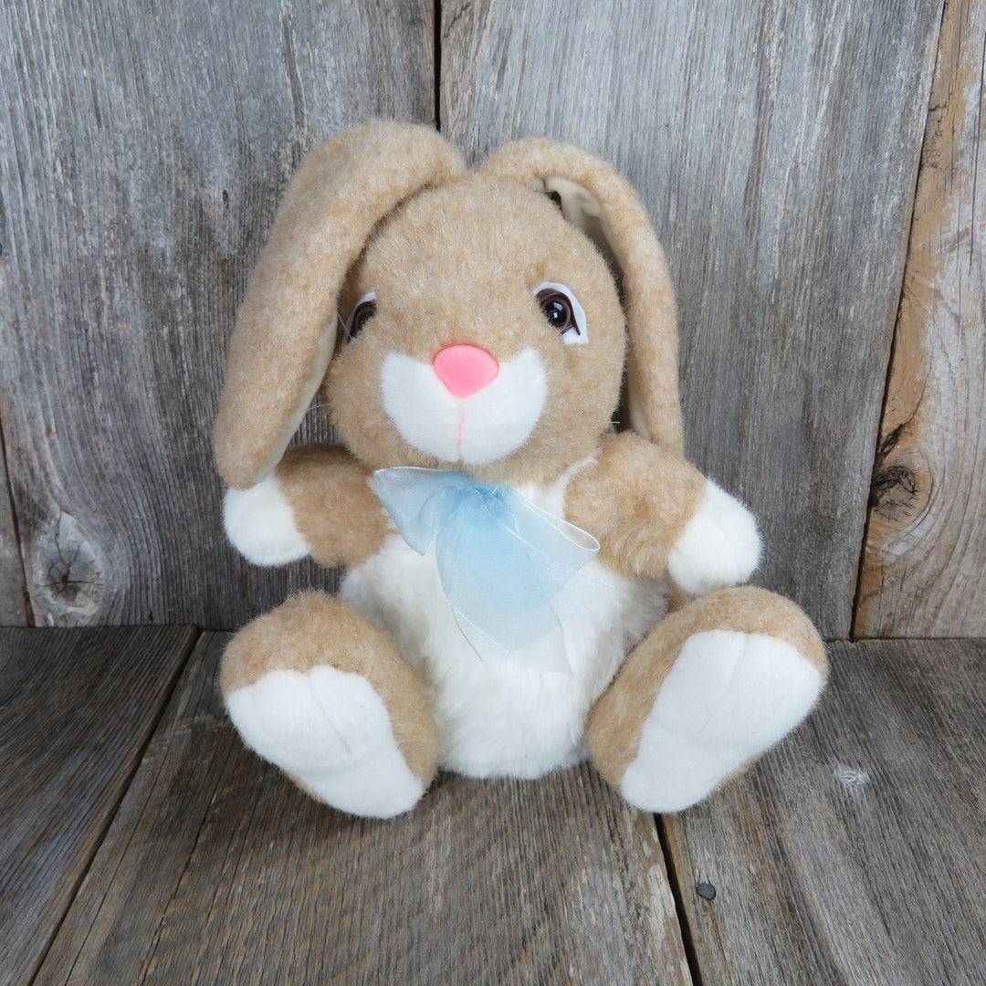 Vintage Bunny Rabbit Plush Beige Brown With Blue Bow Hard Stuffed ...