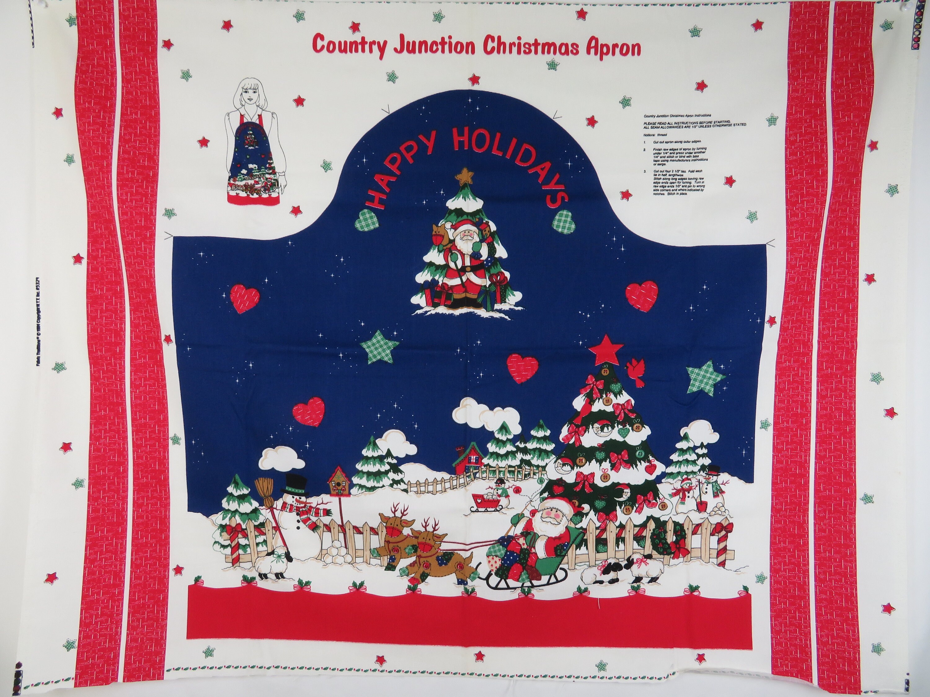 Apron Cut Sew Fabric Panel Christmas Holiday Blue Santa Butcher Country ...