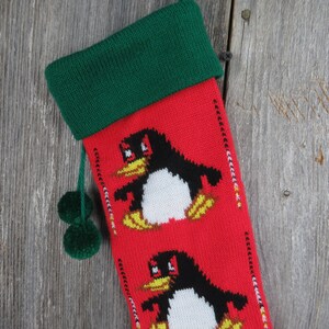 Vintage Penguin Knit Stocking Christmas Bird Knitted Red Green Pom Pom ...