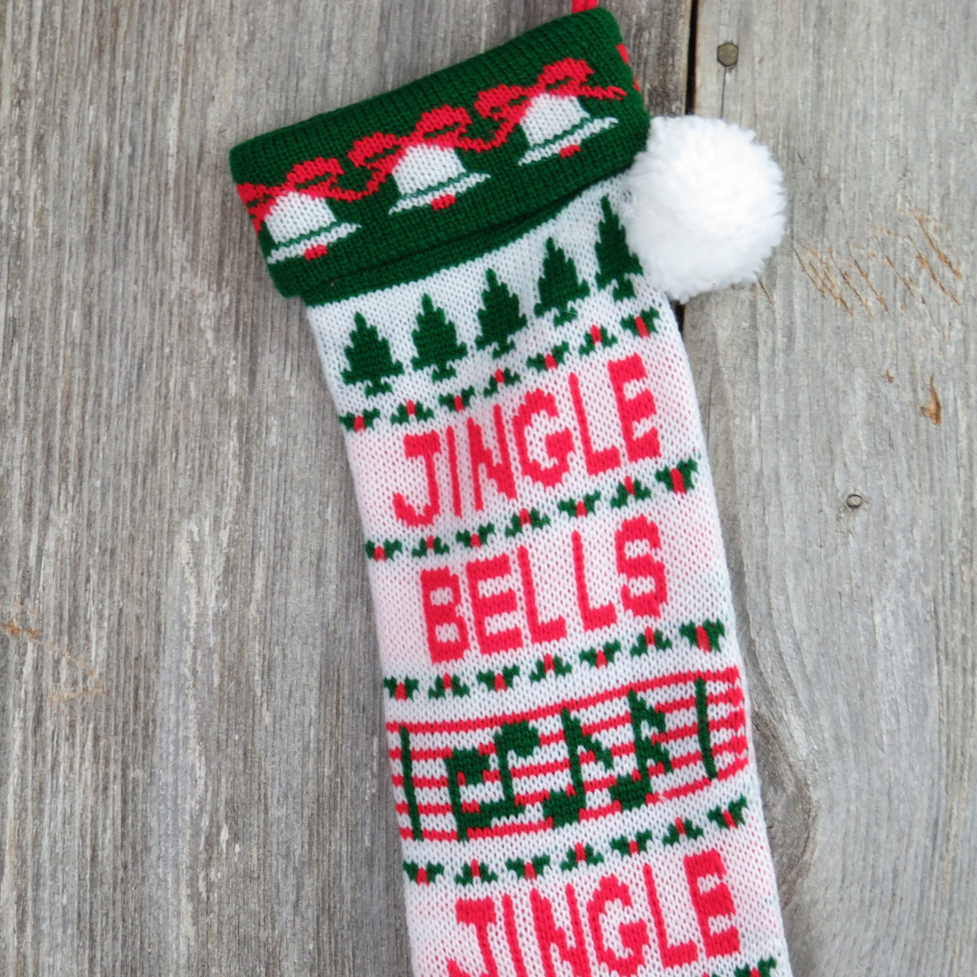 Vintage Jingle Bells Knit Stocking Christmas Music Notes Red Green ...