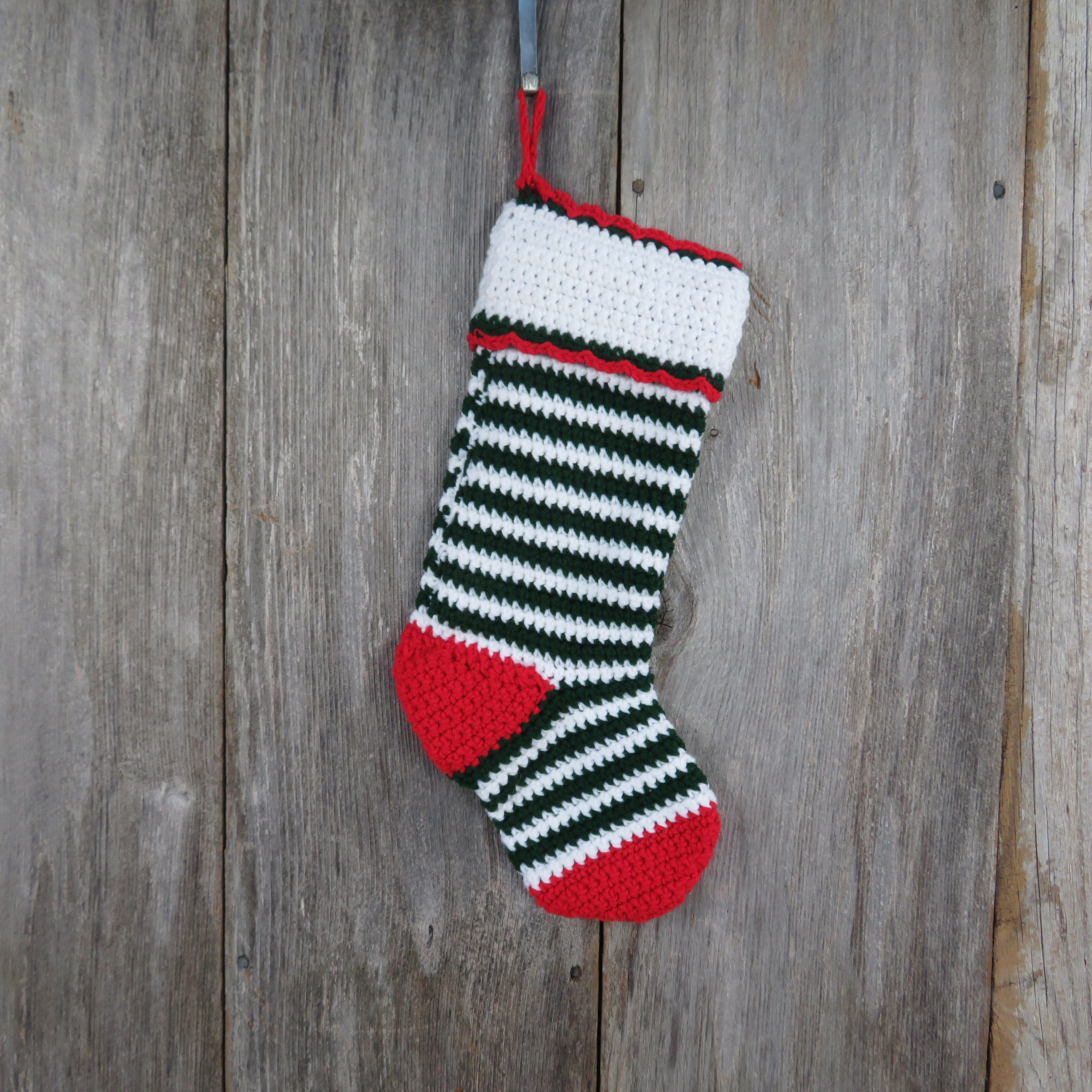 Striped Christmas Stocking Crochet Green White Handmade Lines Red Heel ...