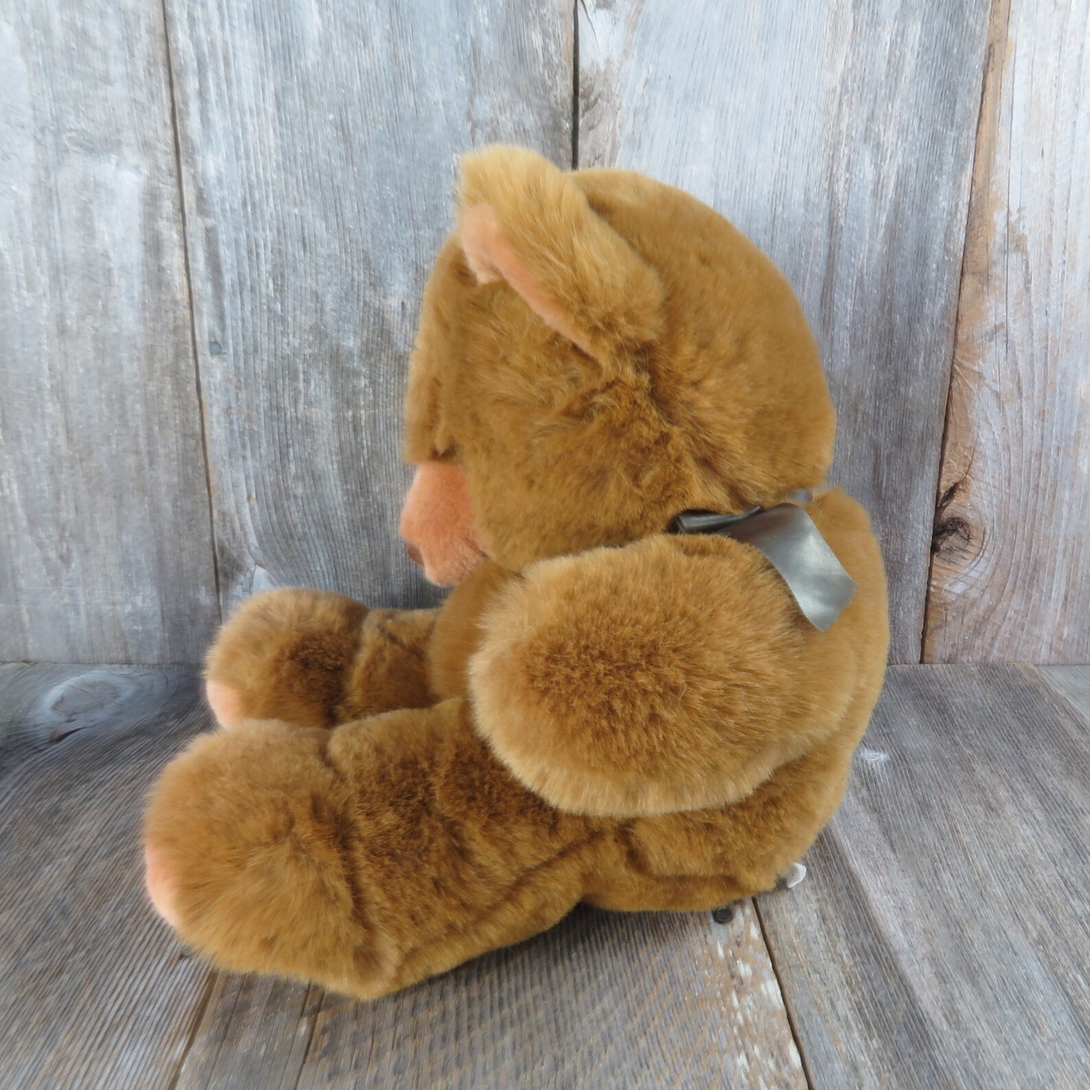 Vintage Large Brown Teddy Bear Plush Bow Flocked Nose Ribbon - Etsy