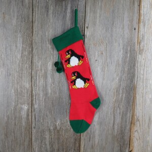 Vintage Penguin Knit Stocking Christmas Bird Knitted Red Green Pom Pom ...