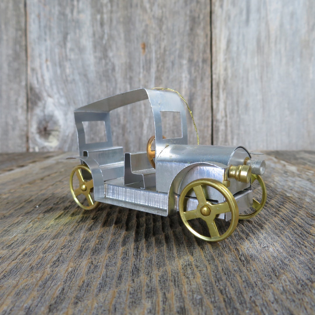 Vintage Car Ornament Silver Metal Model T Type With Brass Wheels ...