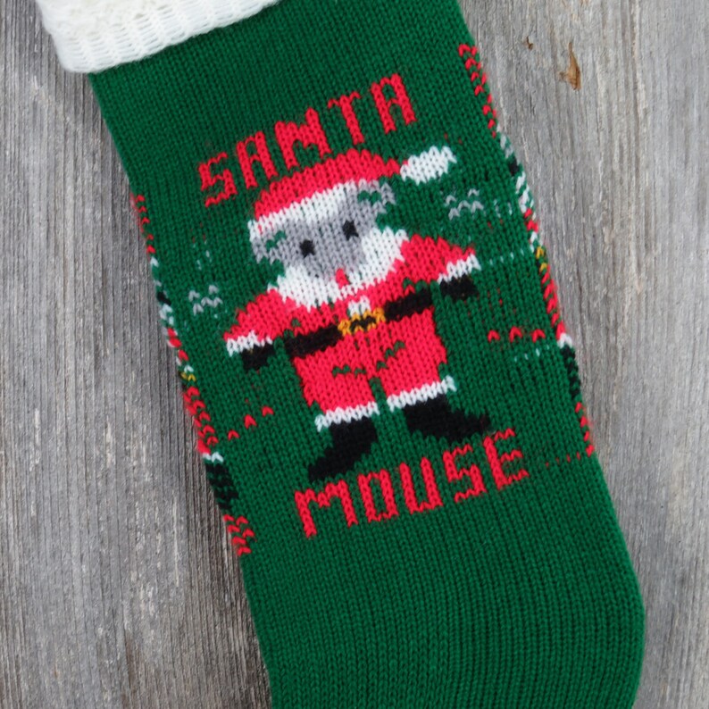 Vintage Knit Santa Mouse Stocking Green Red Christmas White Trim Pom ...