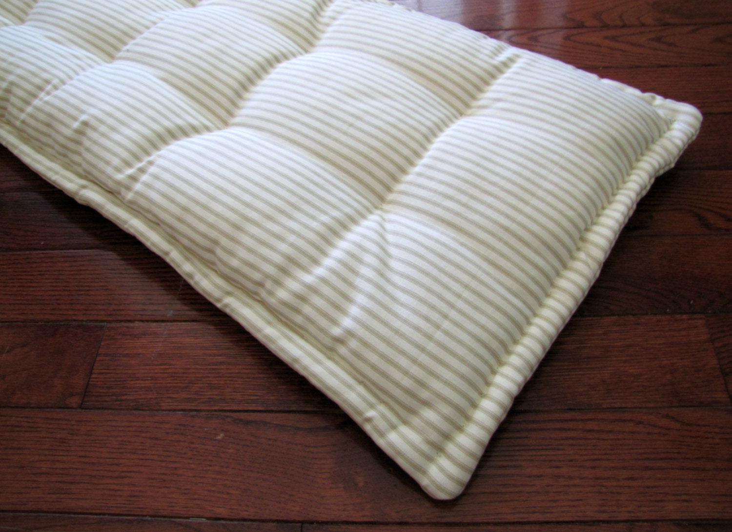 Grateful Home — Custom Bench Cushion in Beige Ticking Stripe Fabric ...