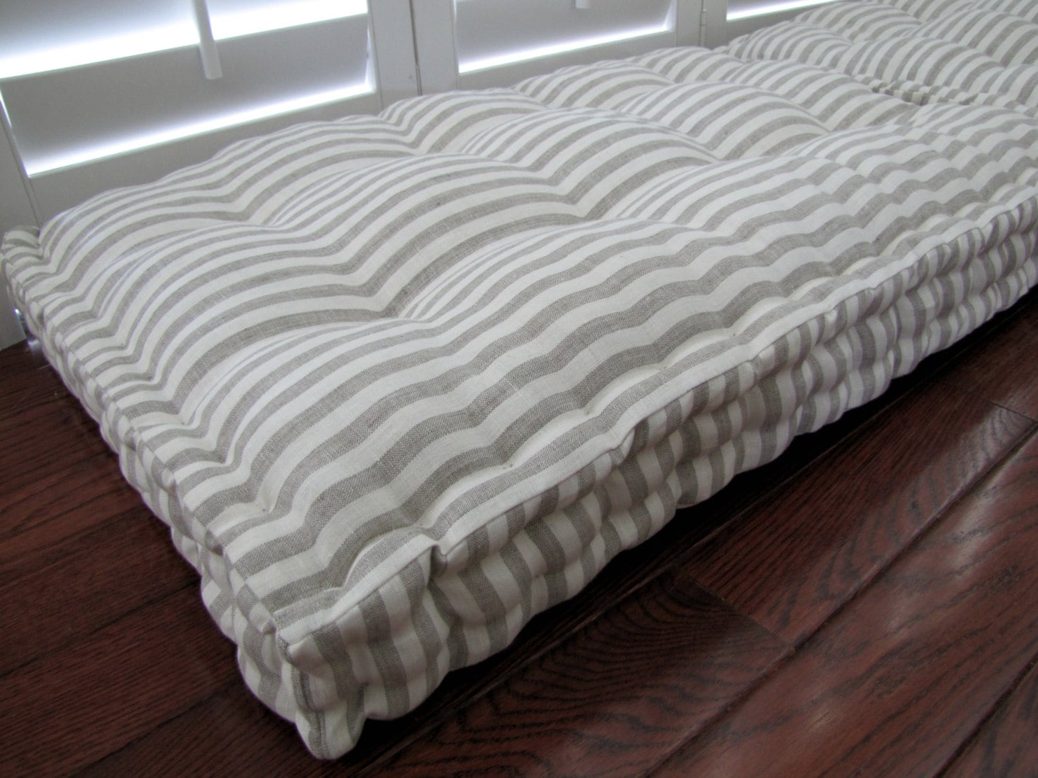 Grateful Home — Custom Window Seat Cushions in Linen Natural Stripe ...