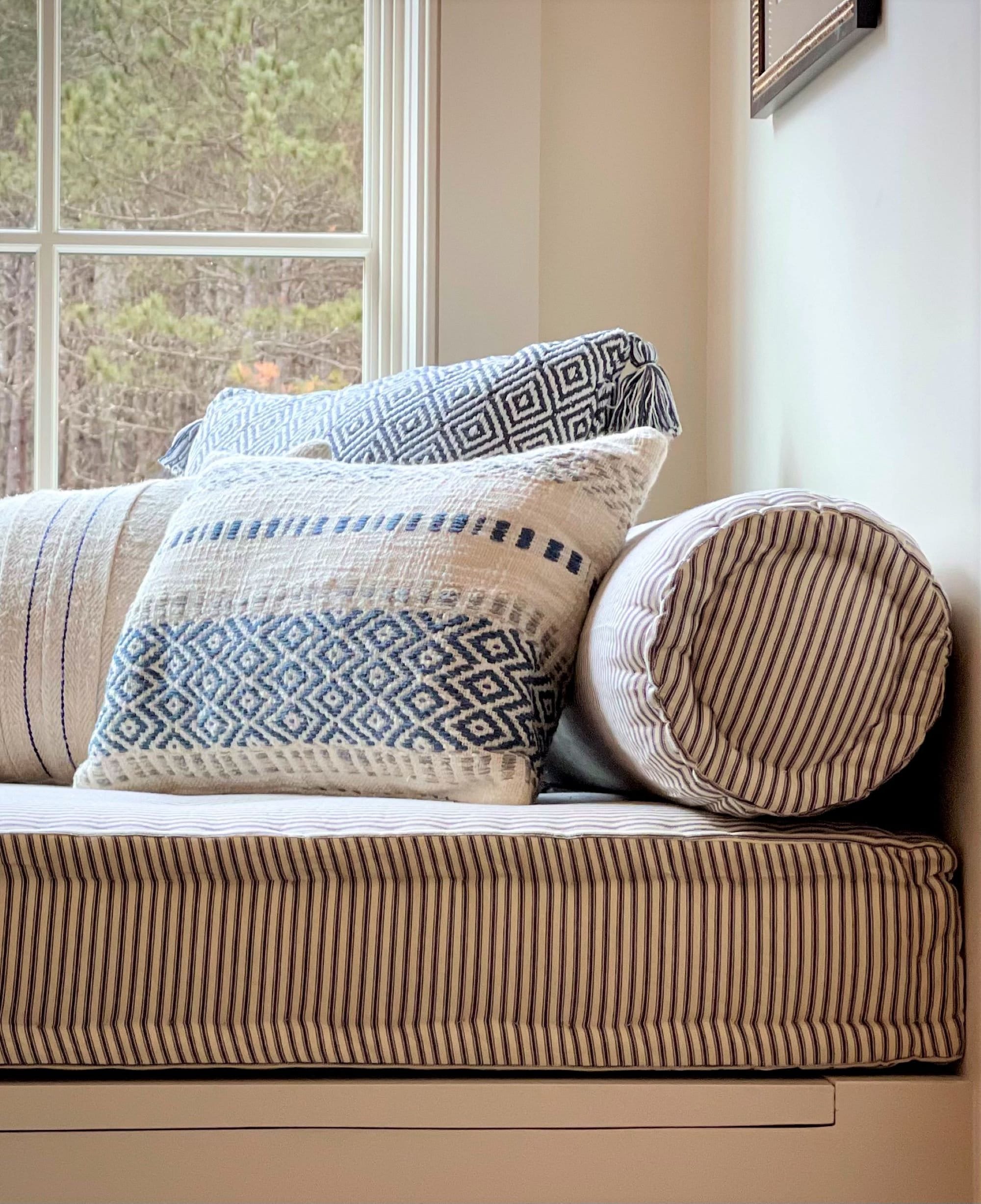 Grateful Home — Custom Cushions in Ticking Stripes with French Mattress ...