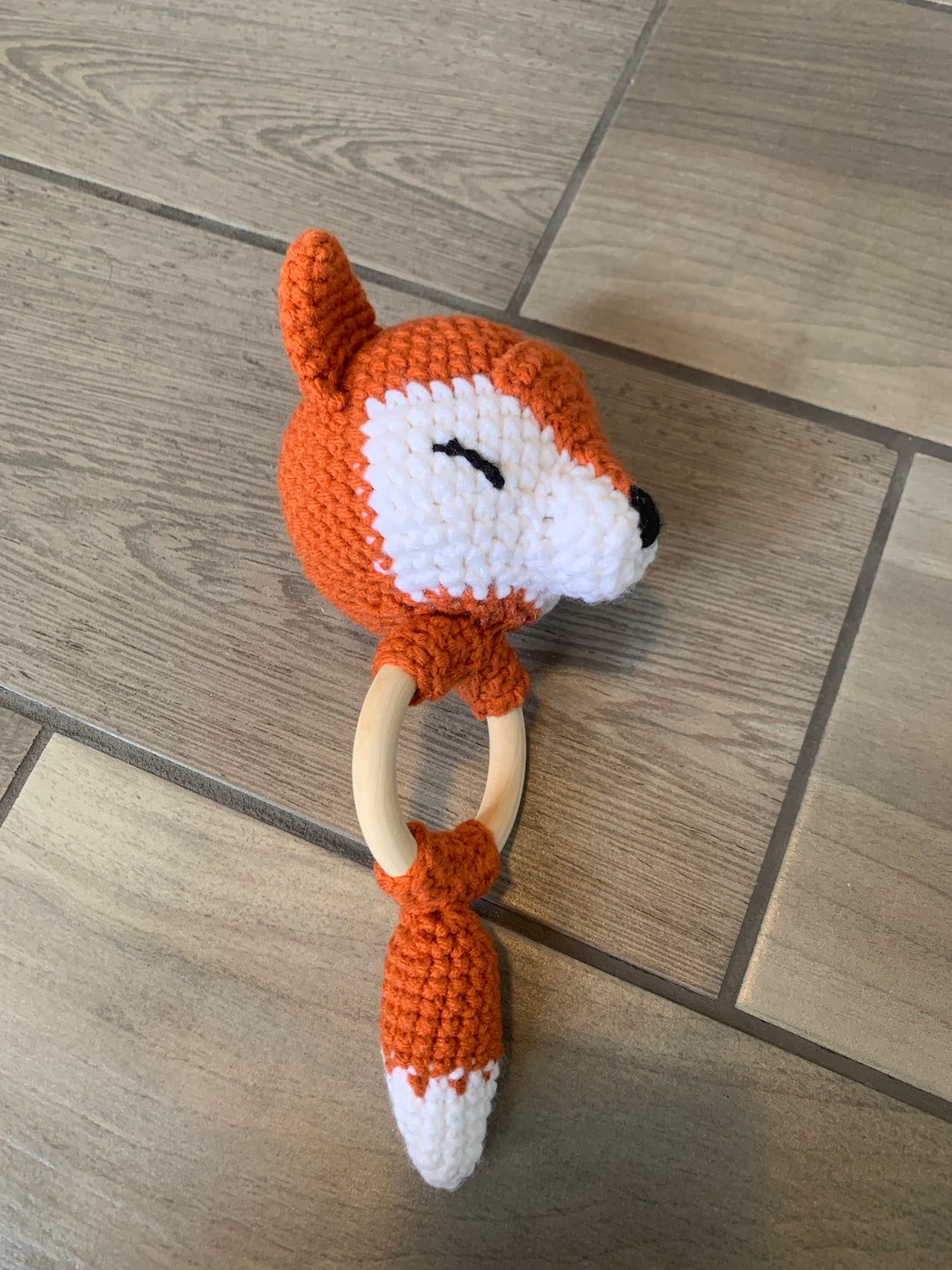 Crochet Fox Teething Ring, Natural Wooden Teething Ring, Crochet ...