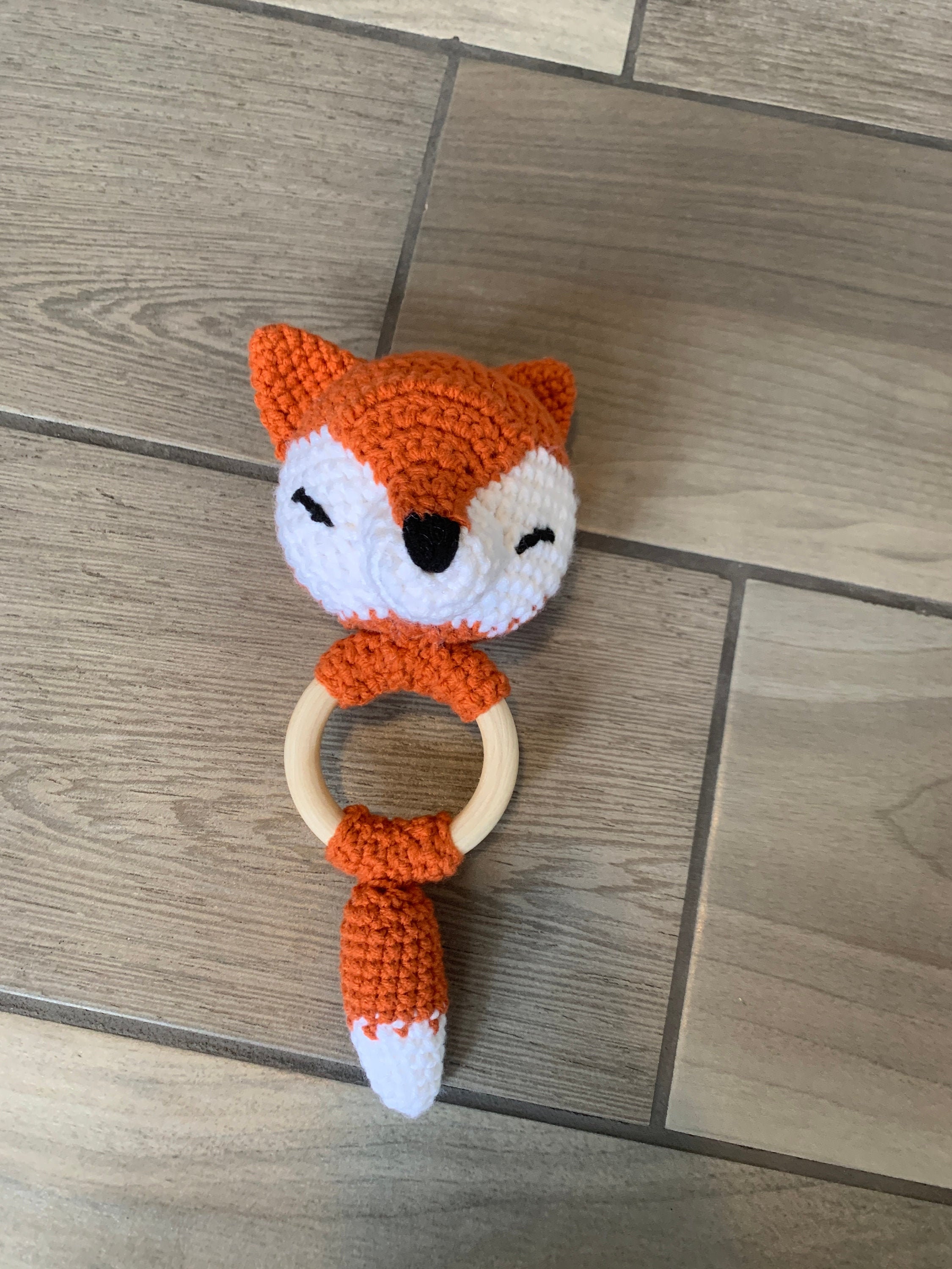 Crochet Fox Teething Ring, Natural Wooden Teething Ring, Crochet ...