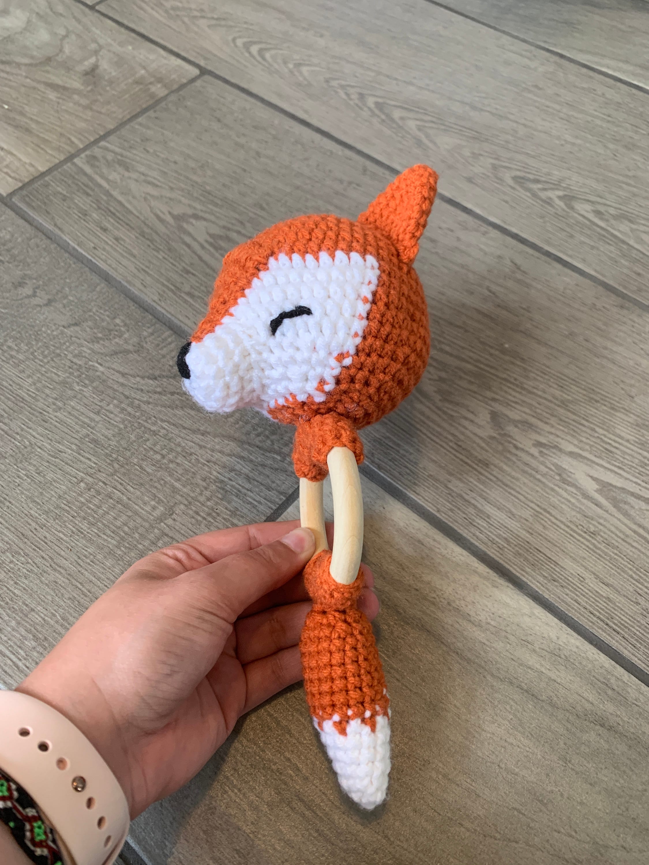 Crochet Fox Teething Ring, Natural Wooden Teething Ring, Crochet ...