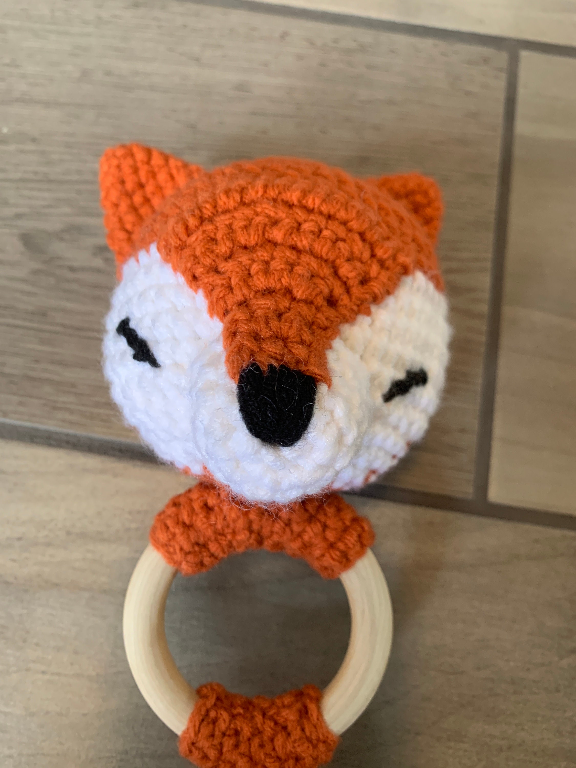 Crochet Fox Teething Ring, Natural Wooden Teething Ring, Crochet ...