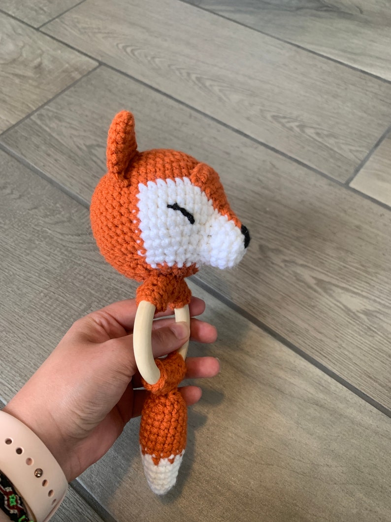 Crochet Fox Teething Ring, Natural Wooden Teething Ring, Crochet ...