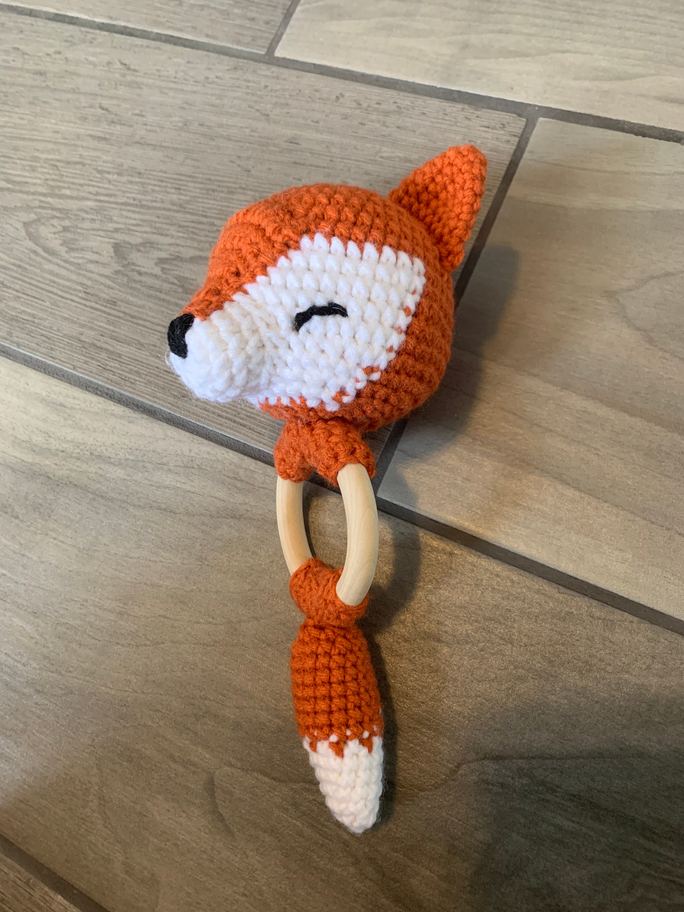 Crochet Fox Teething Ring, Natural Wooden Teething Ring, Crochet ...