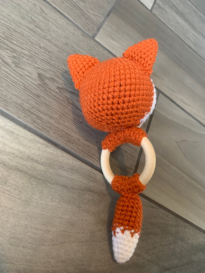 Crochet Fox Teething Ring, Natural Wooden Teething Ring, Crochet ...