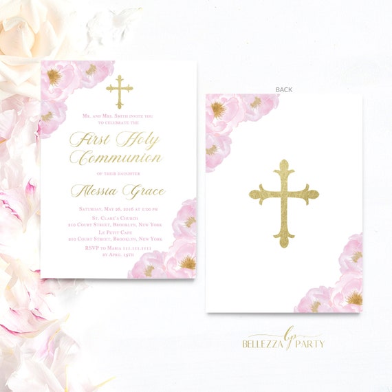 Pink Peony First Holy Communion Invitations | Pink Gold 1st Communion ...