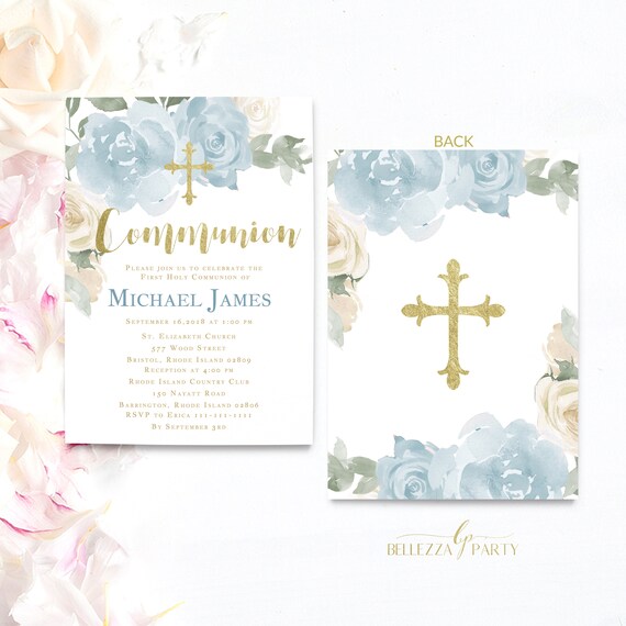 Communion Boy Invitations | Blue & Gold Floral First Communion Boy ...