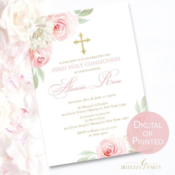 Elegant blush floral first holy communion invitations | Floral cross ...