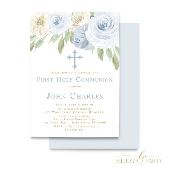 Blue Floral Communion Invitation Boy | Elegant Boy Communion Invites ...
