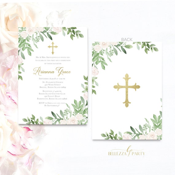 Greenery First Holy Communion Invitations | Elegant gold cross floral ...