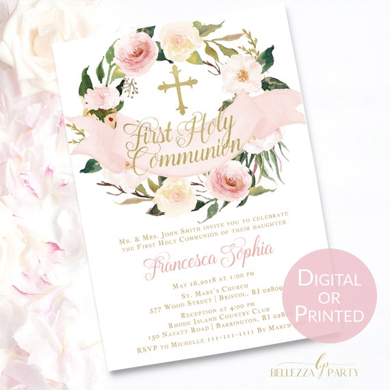 Floral wreath elegant communion invitations | Elegant girl 1st holy ...