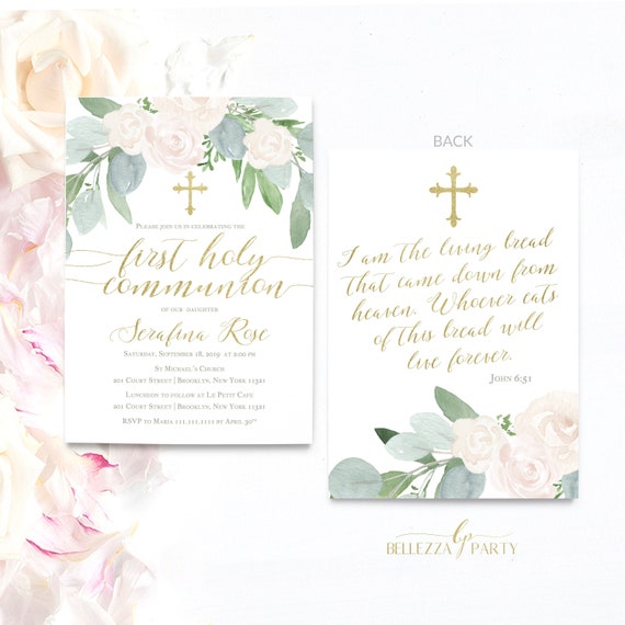 Greenery First Holy Communion Invitations | Modern Communion Invite | Boho 1st Communion ...