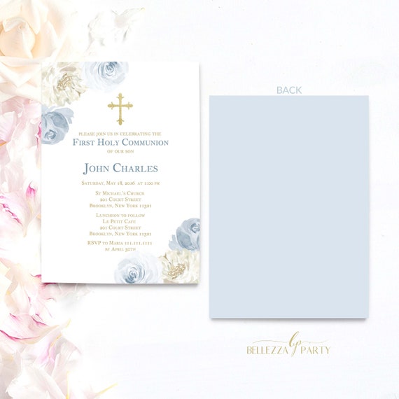 Floral Communion Invitations Dusty Blue | Boy blue communion invites ...