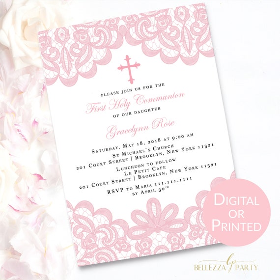 Pink Lace First Holy Communion Invitation with a pink cross & elegant ...